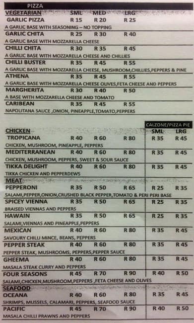 Menu at Park's Pizza & Takeaway, Cape Town