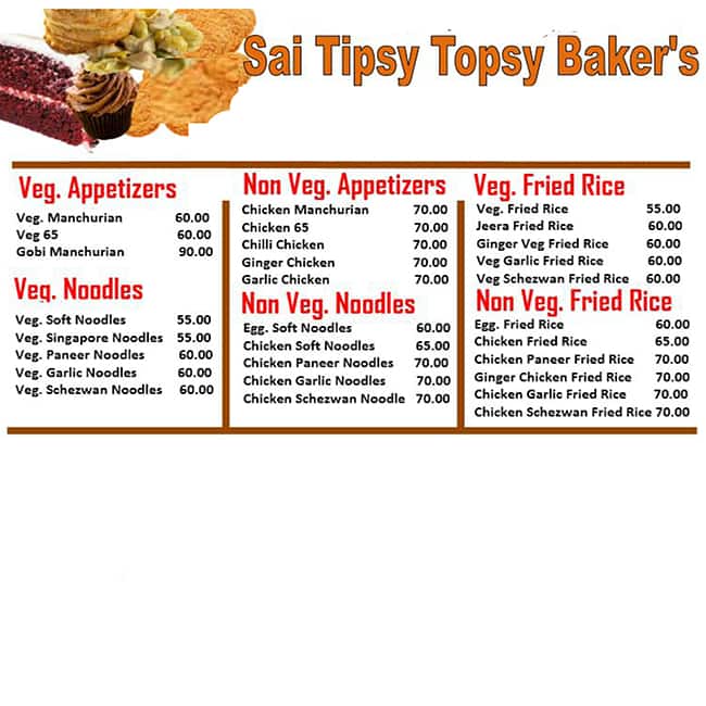 Menu at Sai Tipsy Topsy Bakery, Hyderabad, Plot 139