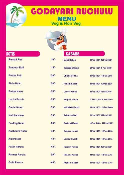 Menu at Godavari Ruchulu Gachibowli, Hyderabad