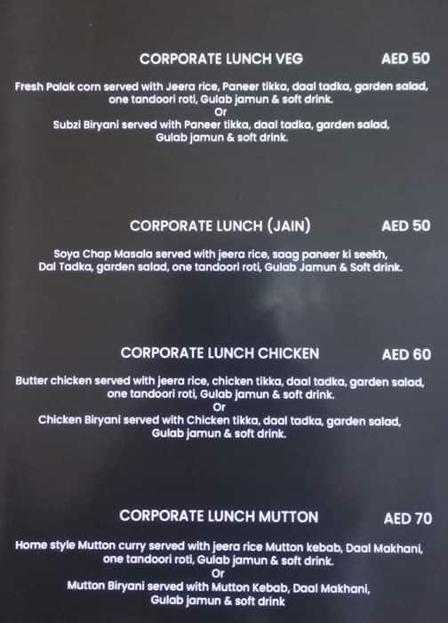 Menu at Daalchini CV restaurant, Dubai