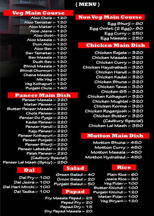 Menu of Hotel Cadbury, Vijay Nagar, Indore