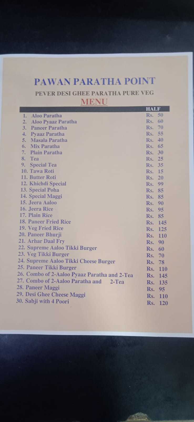 Menu at Pawan Paratha Point, Lucknow