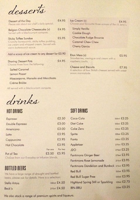 Carta de Whites Restaurant - Thistle Hyde Park, Londres