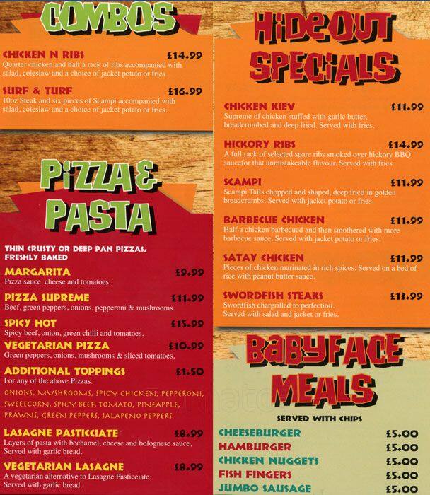 Menu at the hideout restaurant, London, 70 spital st