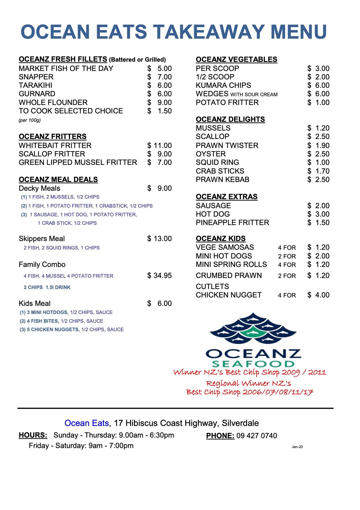 Menu at Ocean Eats restaurant, Silverdale, 17 Hibiscus Coast Hwy