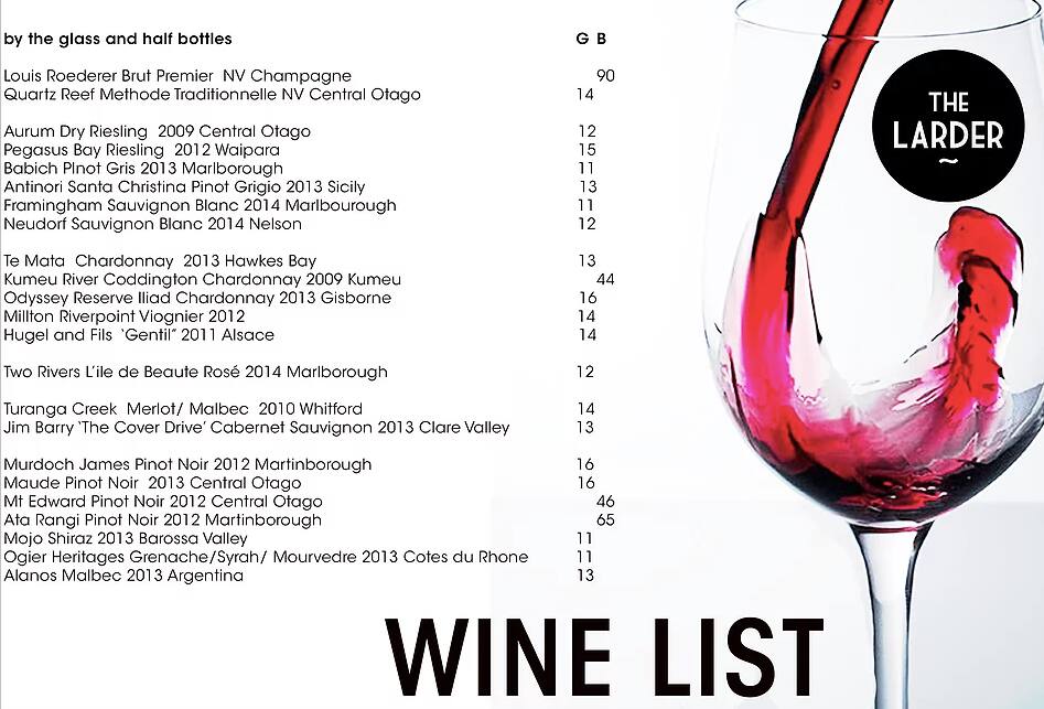 Menu at The Larder cafe, Wellington