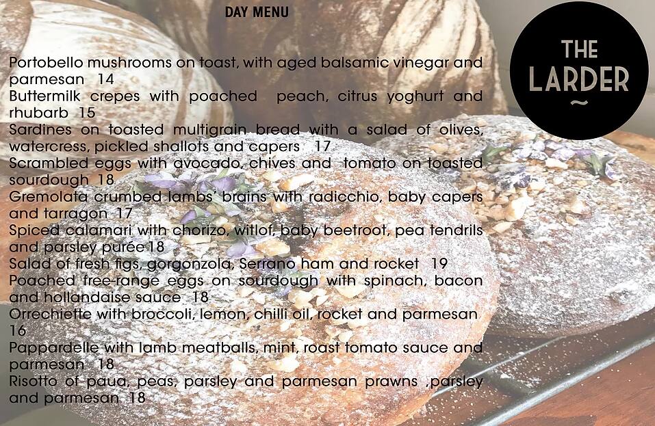Menu at The Larder cafe, Wellington