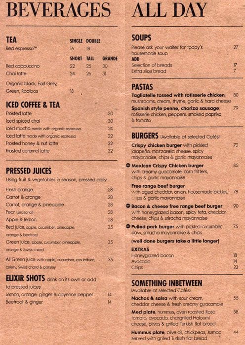 Menu at Woolworths Cafe, Durban, Pavilion Shopping Centre