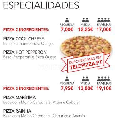 Menu em Telepizza Dolce Vita Tejo restaurante, Amadora, Loja 1062