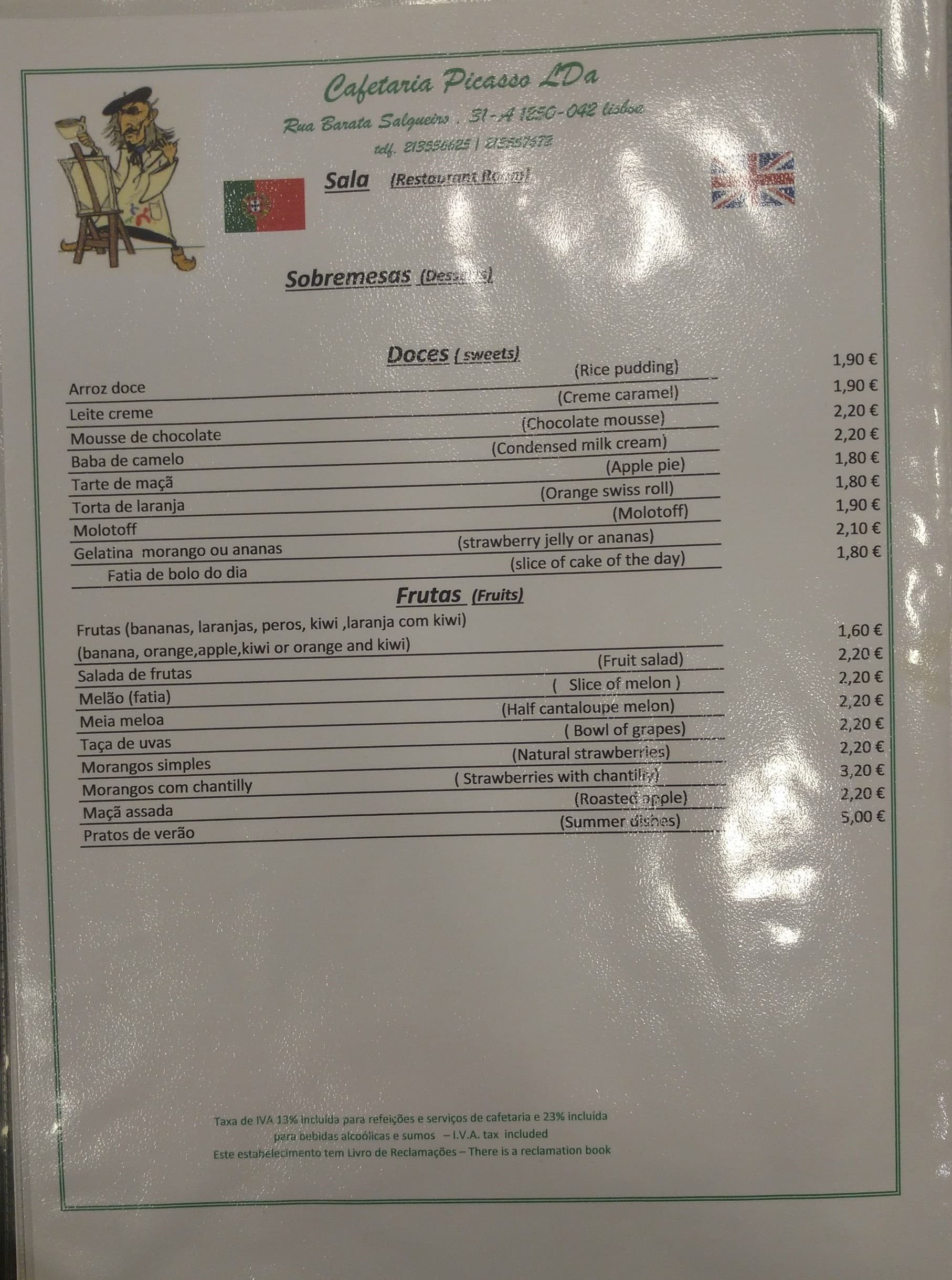 Menu em Cafetaria Picasso, Lisboa