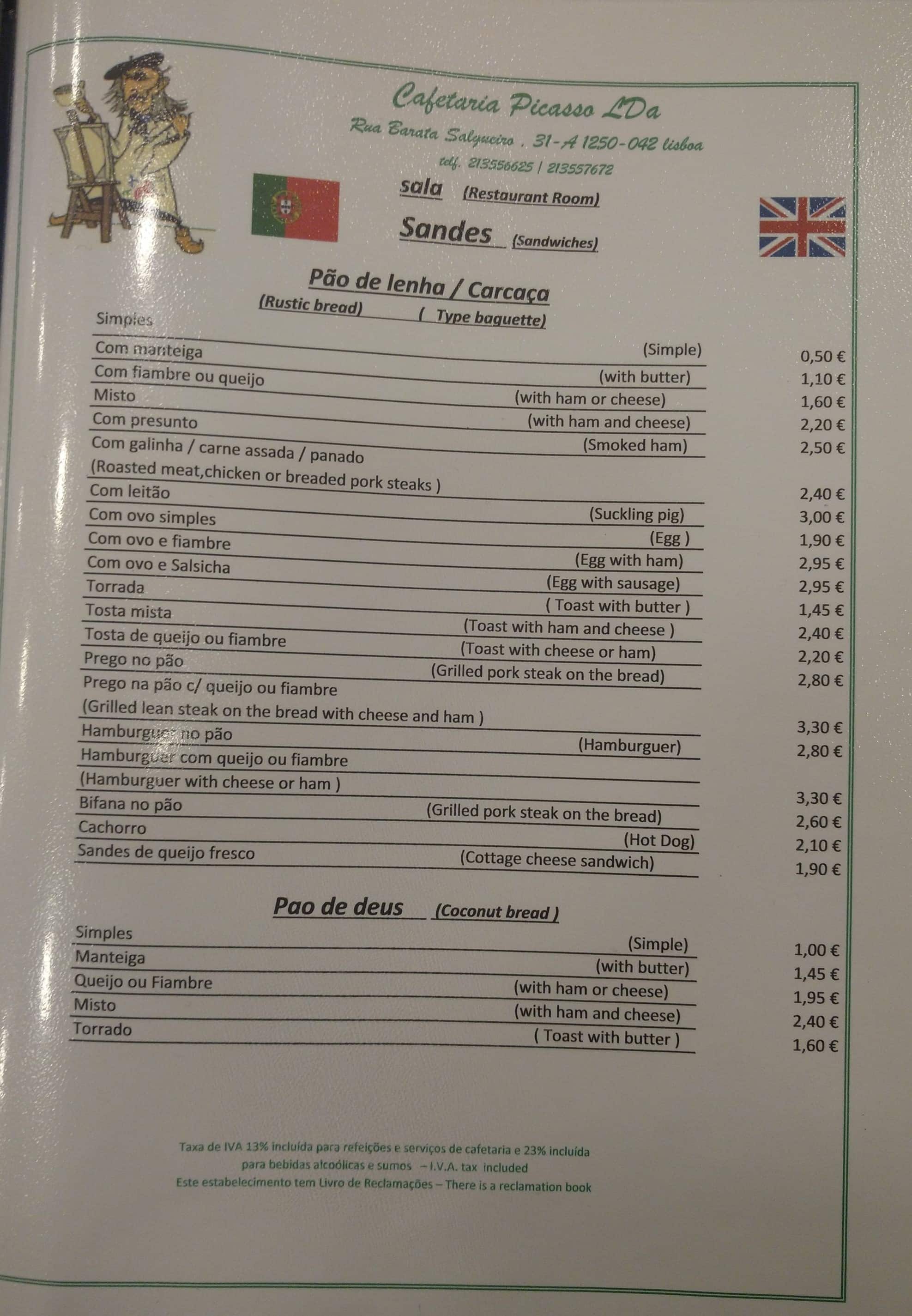 Menu em Cafetaria Picasso, Lisboa