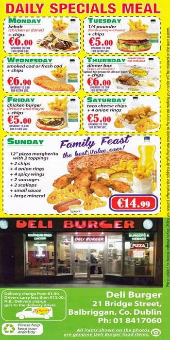 Menu at Deli Burger restaurant, Balbriggan