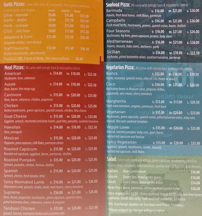 Menu at Beaches Pizza Bar, Manly