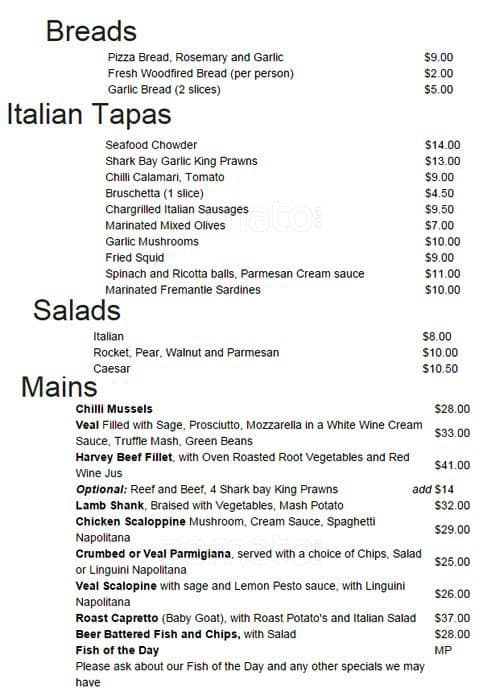Menu at Paparazzi Cafe, Mandurah