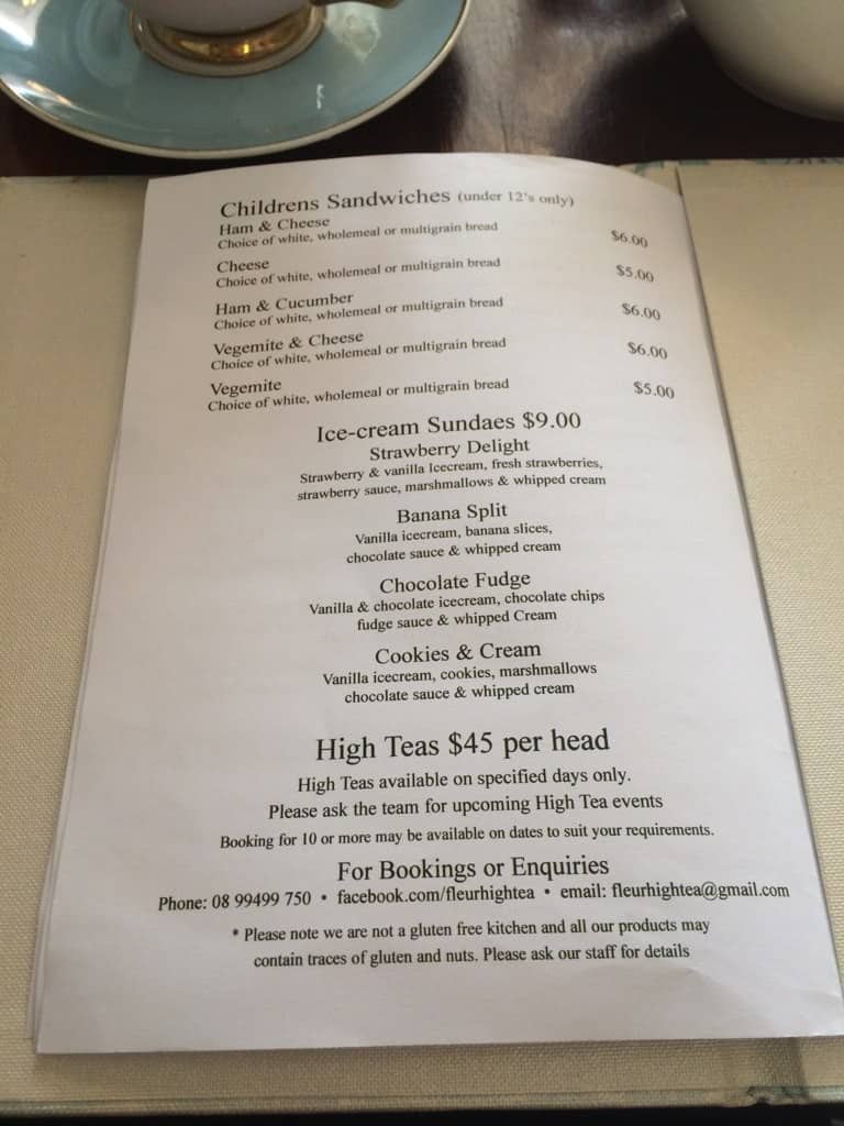 Menu at Cafe Fleur, Geraldton