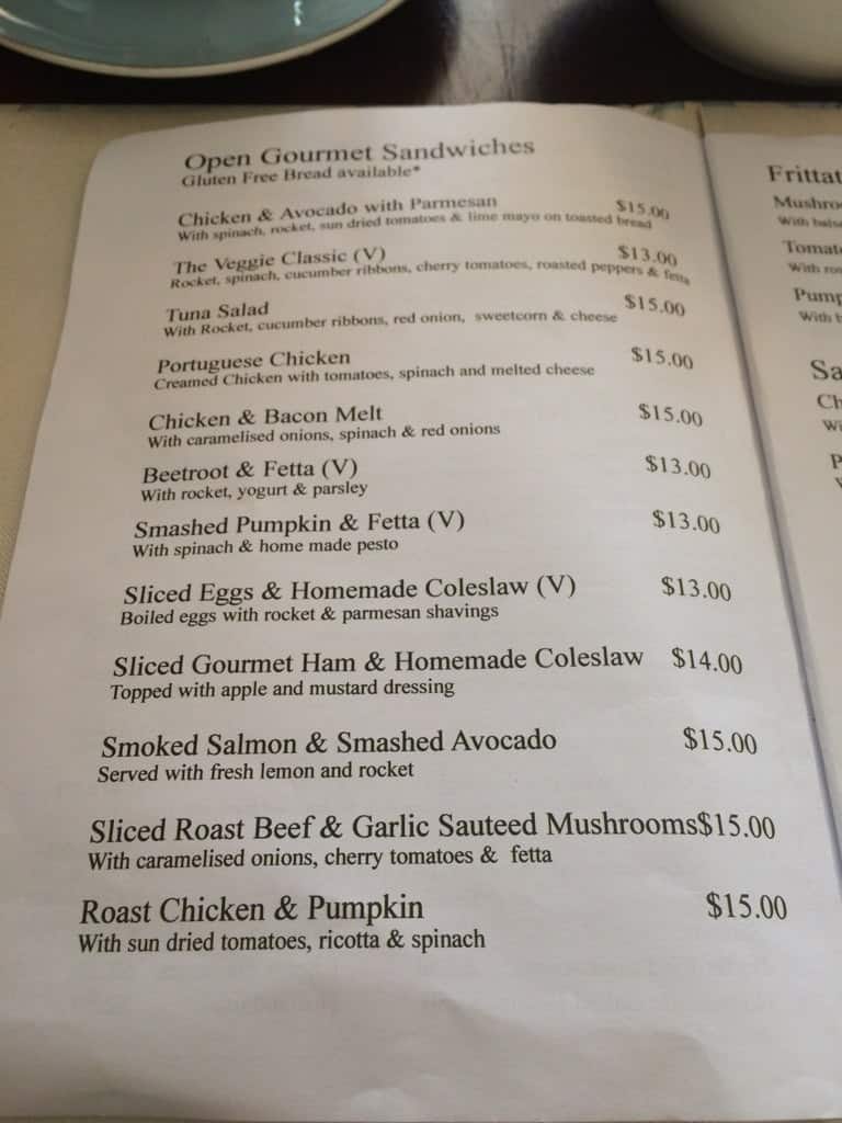 Menu at Cafe Fleur, Geraldton
