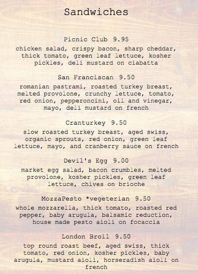 Menu at Mission Picnic restaurant, San Francisco, 983 Valencia St