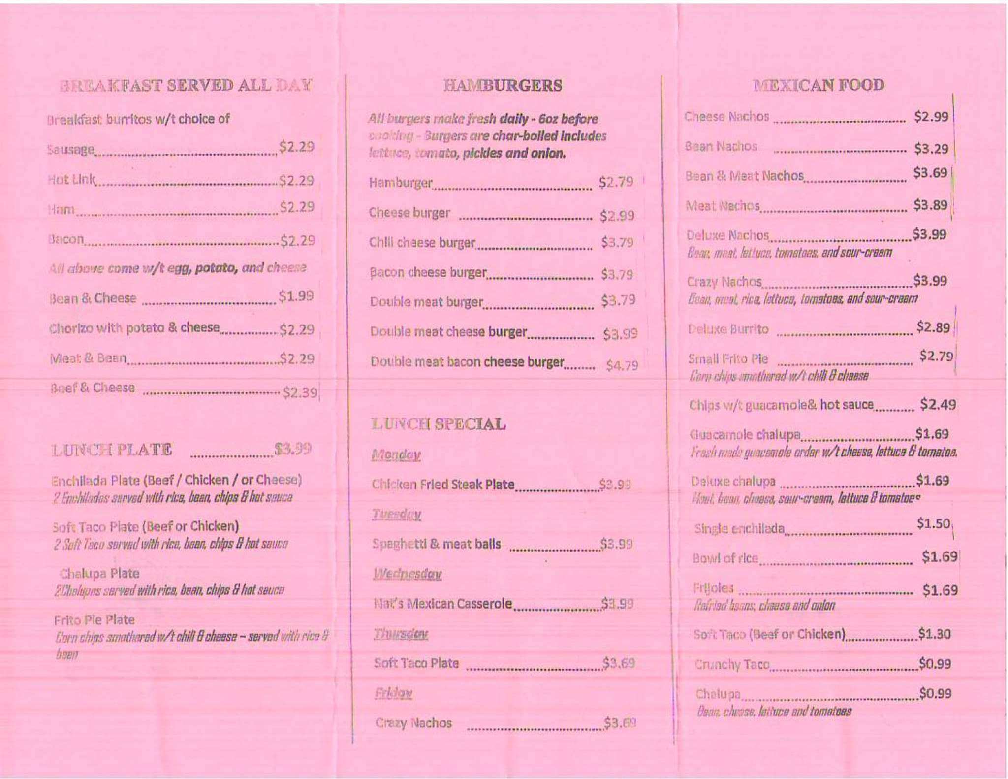 Menu at Nat's Burgers restaurant, Dallas