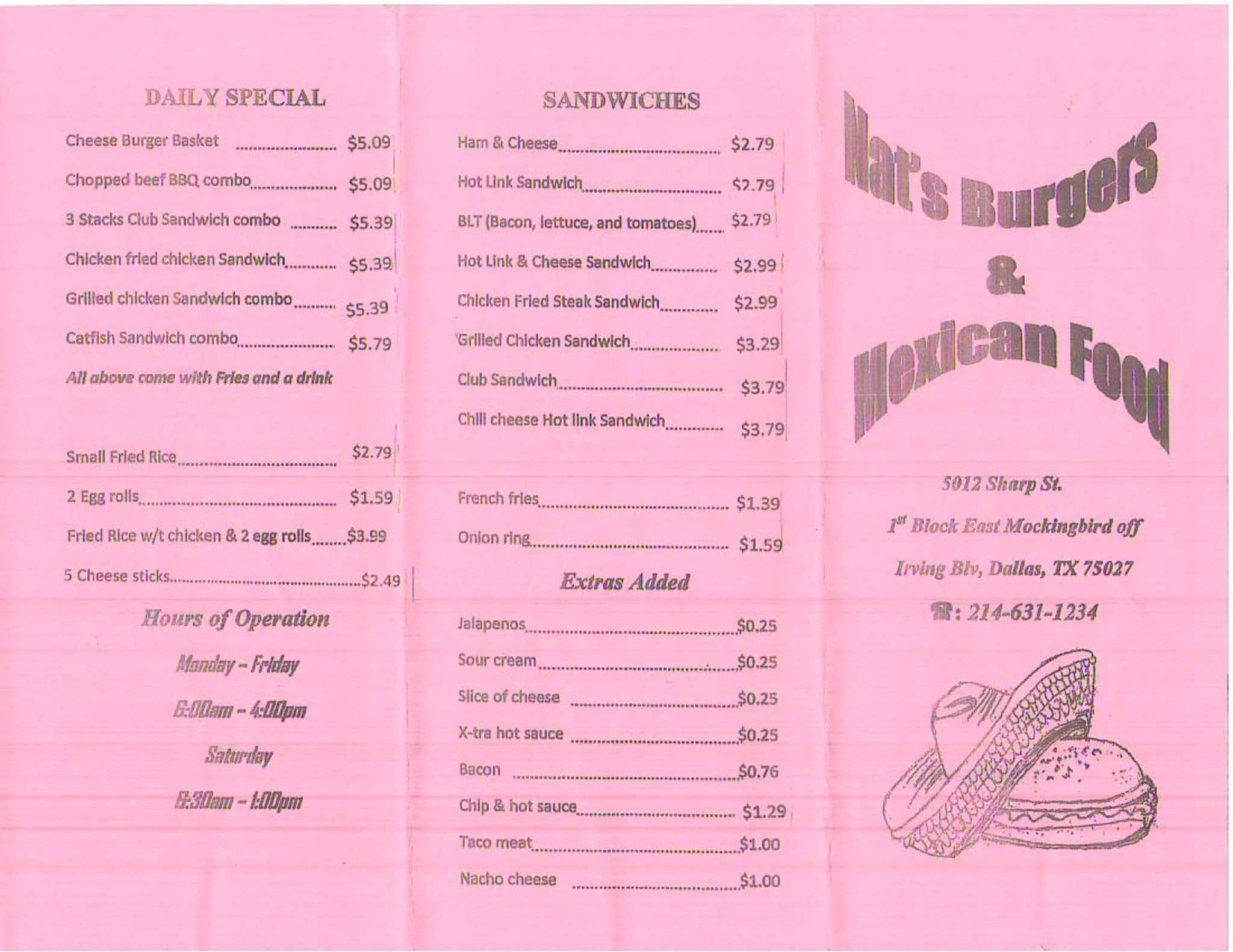 Menu at Nat's Burgers restaurant, Dallas
