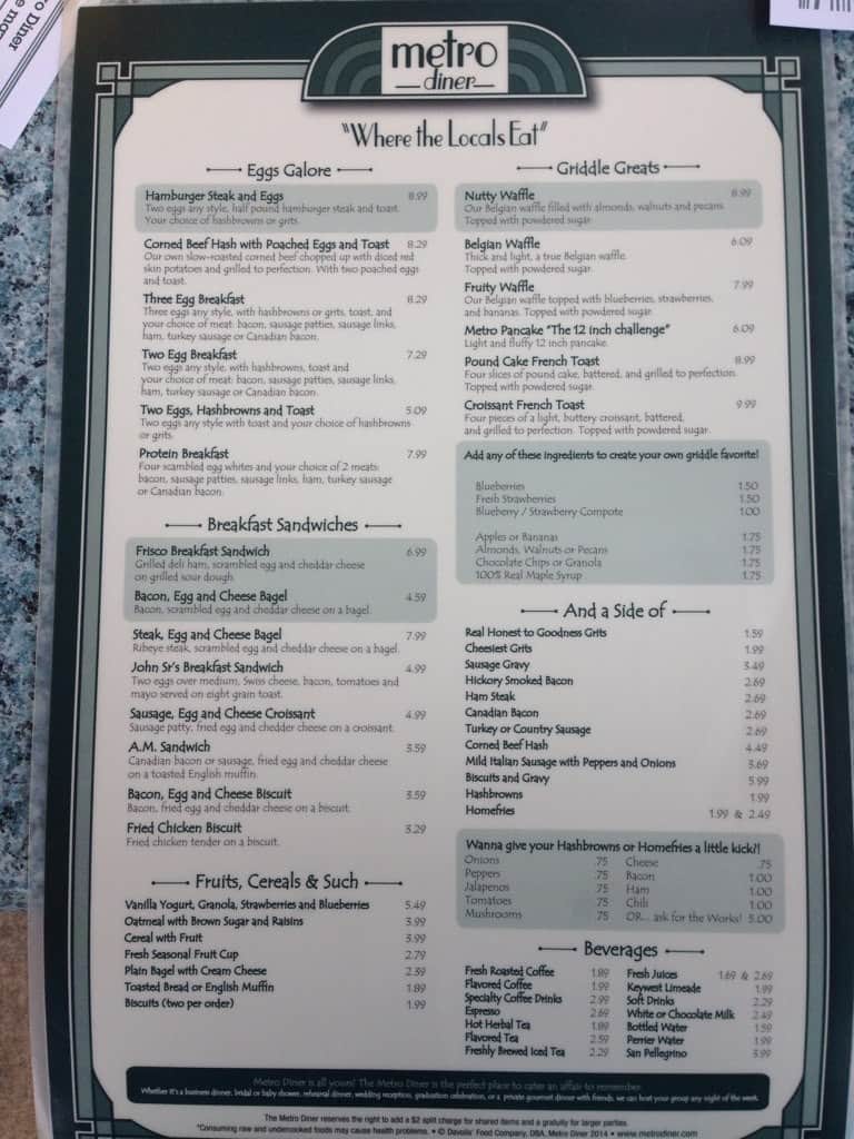 Menu at Metro Diner restaurant, Jacksonville, San Jose Blvd