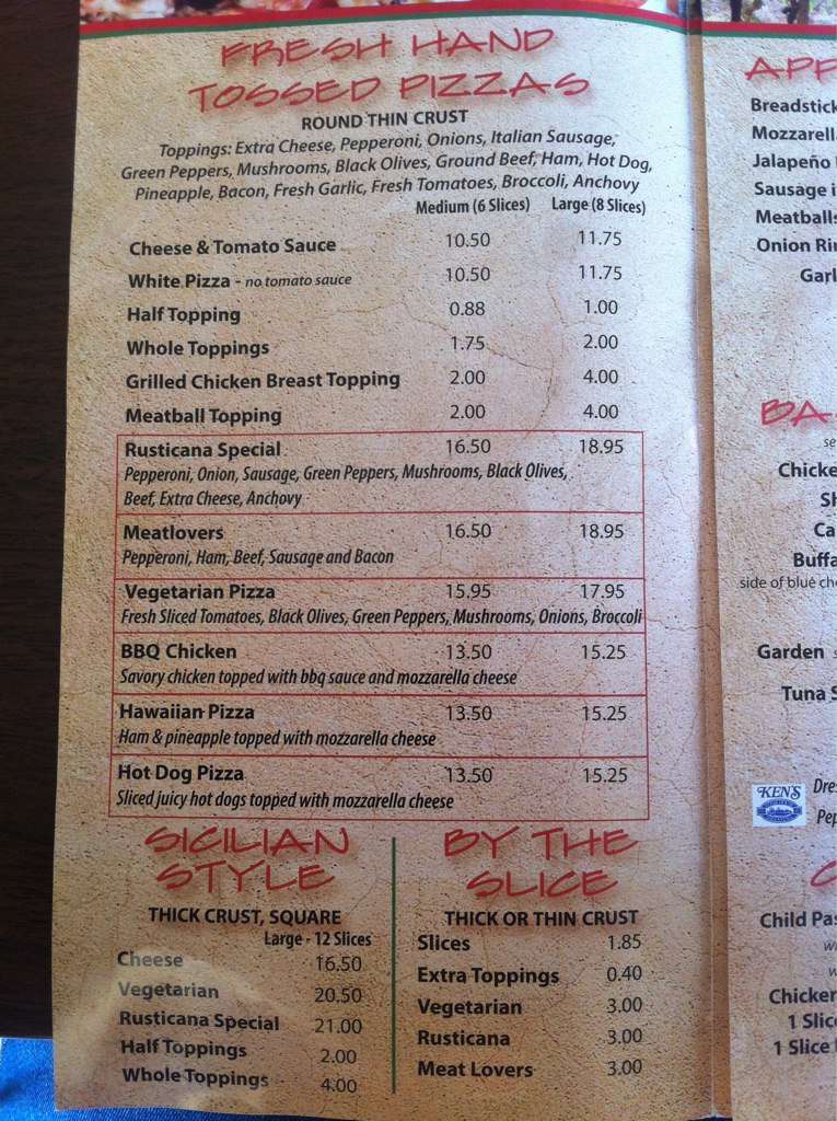 Menu at Rusticana Pizza pizzeria, Easton