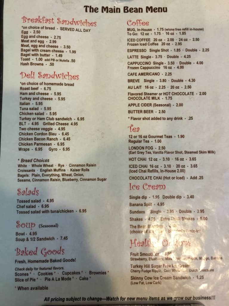 Menu at The Main Bean cafe, Luzerne