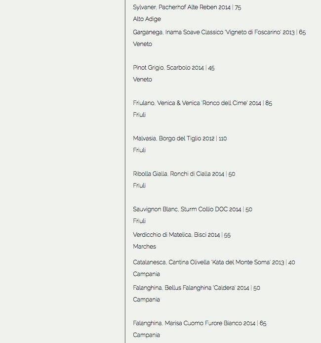 Menu at Lilia restaurant, New York City