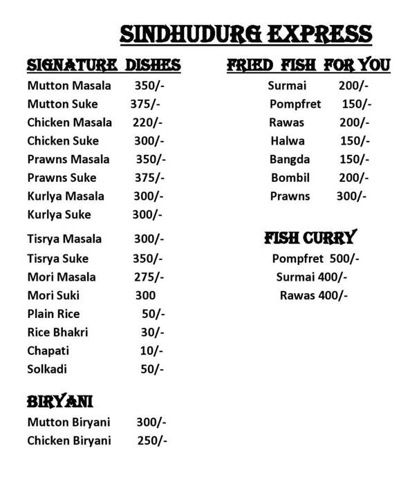 Menu of Sindhudurg Express, Dadar Shivaji Park, Mumbai