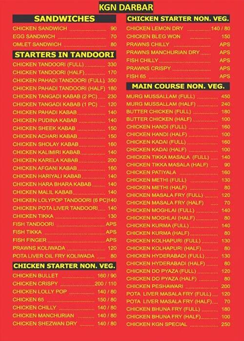 Menu of KGN Darbar, Mahakali, Mumbai