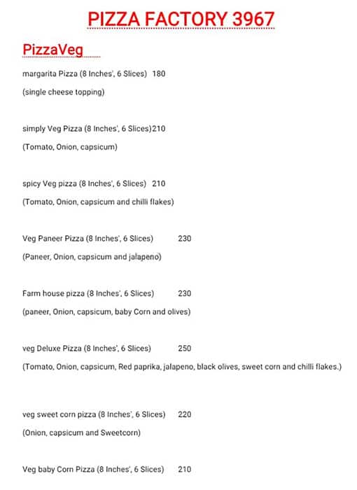 Menu of Pizza Factory 3967, Kothapet, Hyderabad