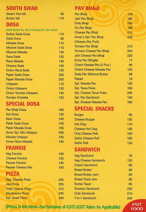 Menu of Amar Juice & Restaurant, Marol, Mumbai
