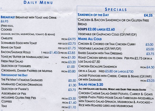 Menu at The Pie Man restaurant, London, Cale St