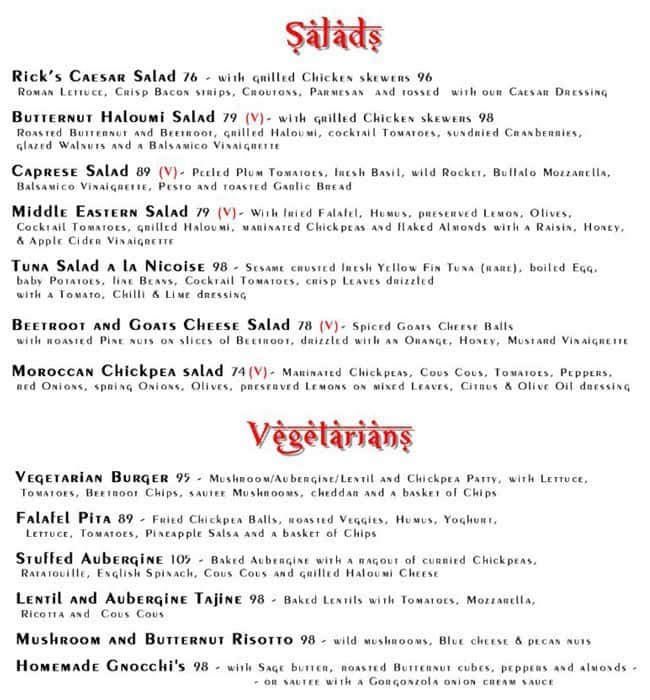 Menu at Rick's Cafe Americain, Cape Town