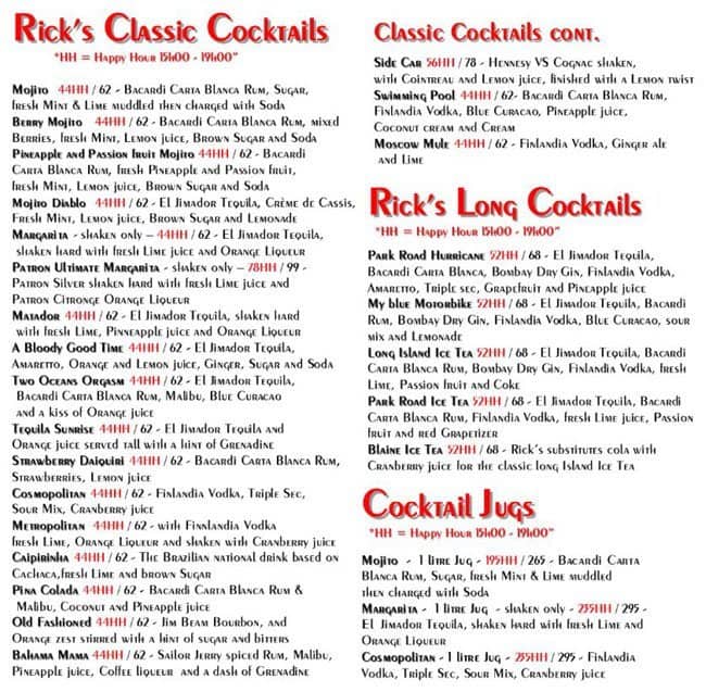 Menu at Rick's Cafe Americain, Cape Town