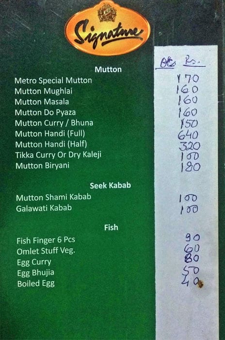 Menu at Metro Restaurant, Lucknow