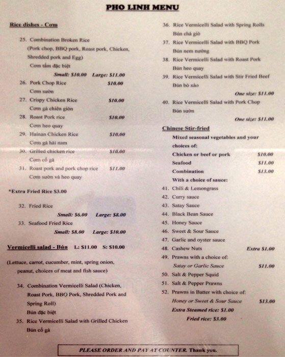 Menu at Pho Linh restaurant, Salisbury, 18 Bagster Rd