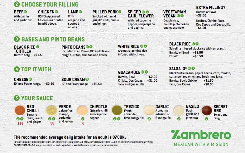 Menu at Zambrero Subiaco restaurant, Subiaco, shop 4/50 Subiaco Square Rd