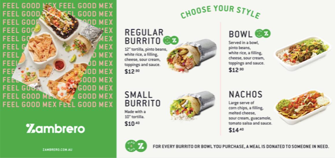 Menu at Zambrero restaurant, Perth