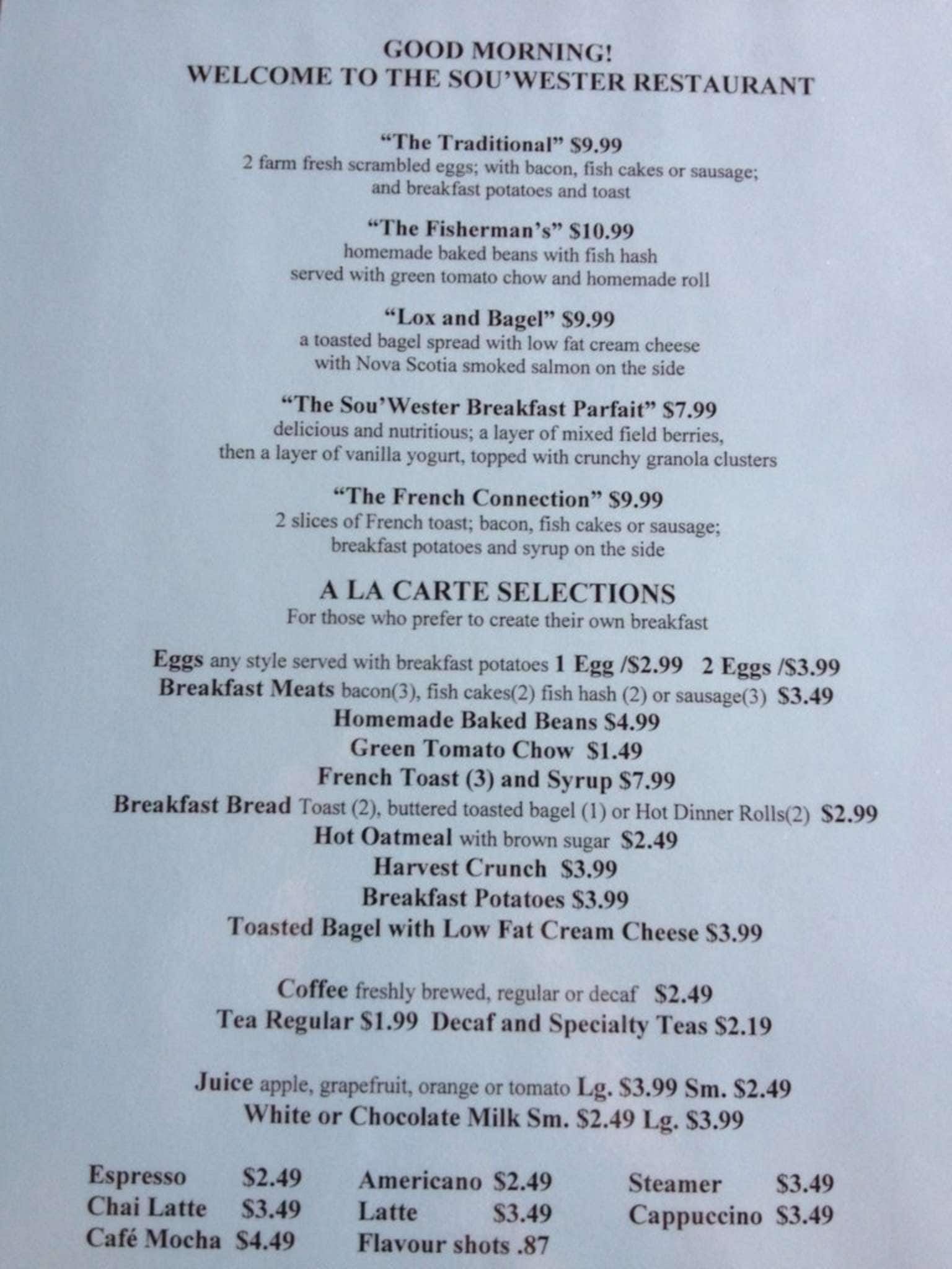 Menu at Sou'Wester restaurant, Peggys Cove