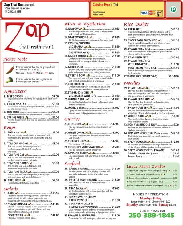 Zap Thai Menu, Menu de Zap Thai, Victoria, City of Victoria ...