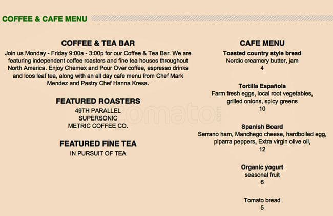 Menu at Vera Chicago pub & bar, Chicago