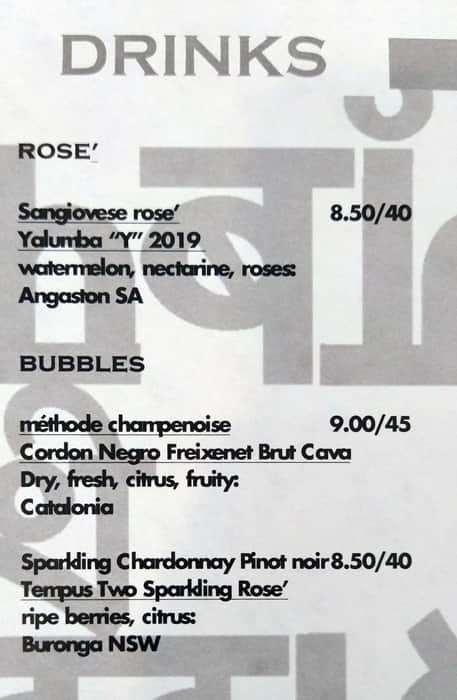 Menu at Chain of Fools restaurant, Mentone