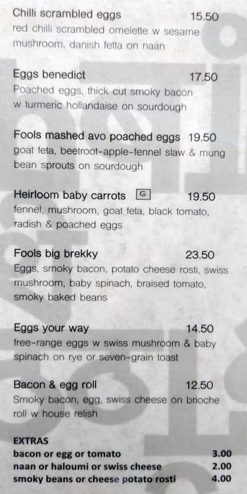 Menu at Chain of Fools restaurant, Mentone