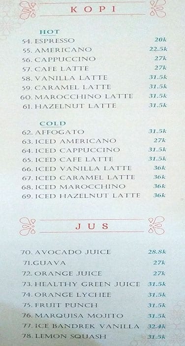 Menu at Boen Kitchen restaurant, Jakarta