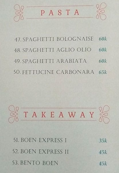 Menu at Boen Kitchen restaurant, Jakarta
