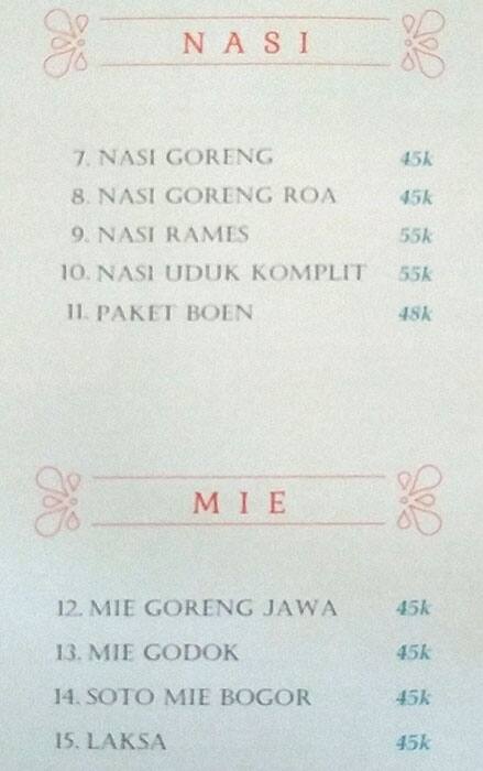 Menu at Boen Kitchen restaurant, Jakarta