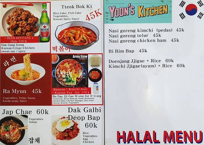 Menu at Yoon's Kitchen restaurant, North Jakarta, Gading Food City C-11