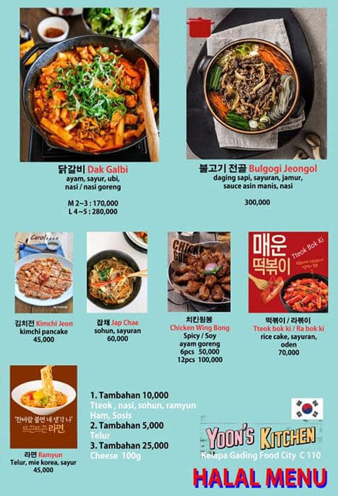 Menu at Yoon's Kitchen restaurant, North Jakarta, Gading Food City C-11