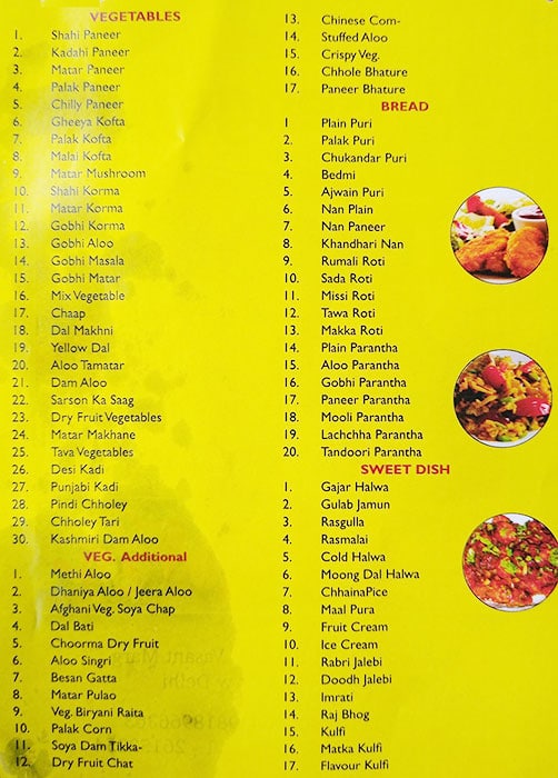 Menu of Bengal Sweet Palace, Vasant Vihar, New Delhi