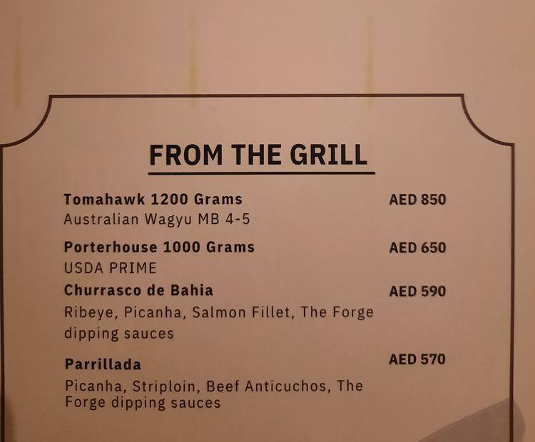 Menu of The Forge, Al Maqtaa, Abu Dhabi